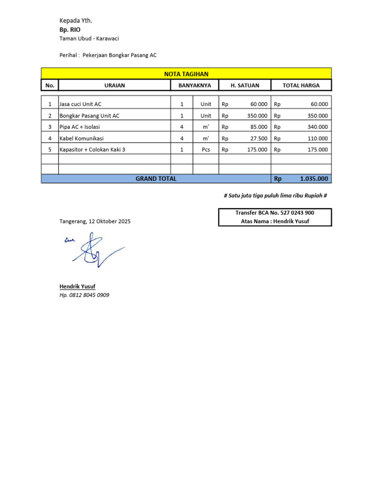 Nota Tagihan - Bongkar Pasang - TMN Ubud | PDF