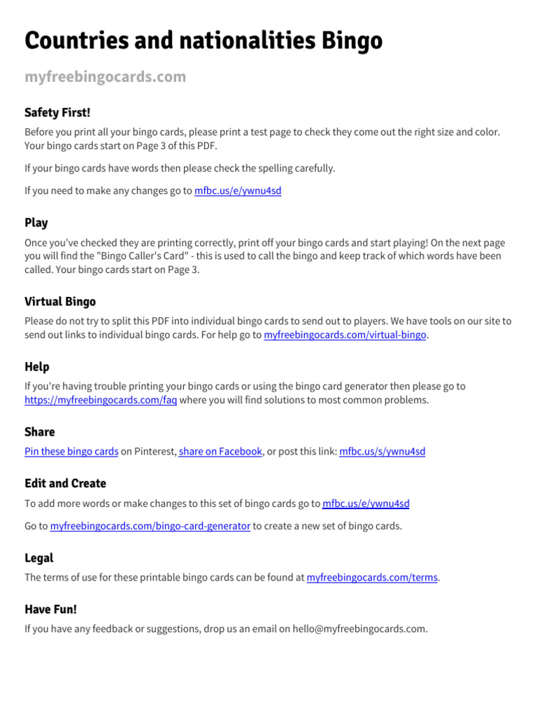 Countries and Nationalities Bingo | PDF | Gaming | Gambling
