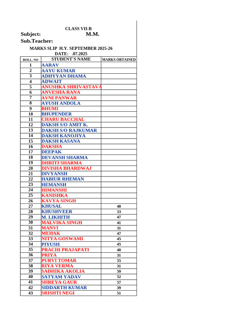 Class VII-B Marks Slip September 2025 | PDF