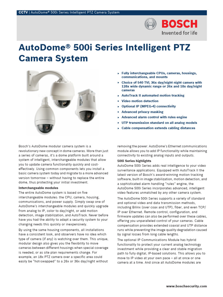 Bosch AutoDome 500i PTZ Camera System | PDF | Video | Camera