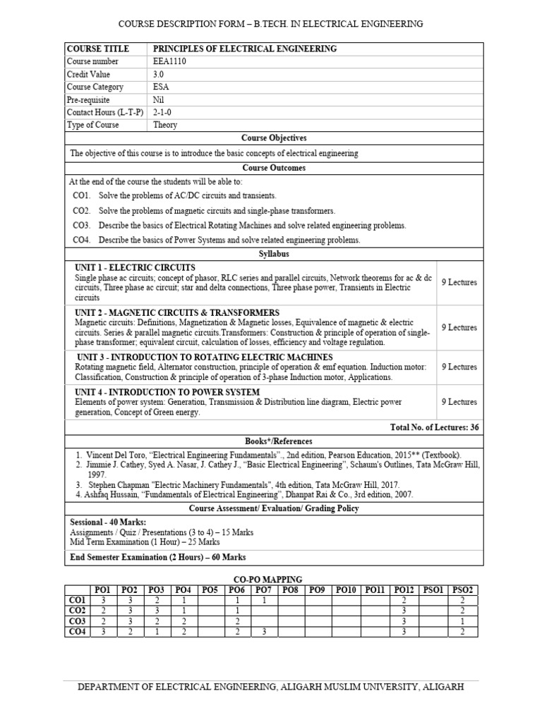 B.Tech Electrical Engineering Course Overview | PDF | Transformer ...