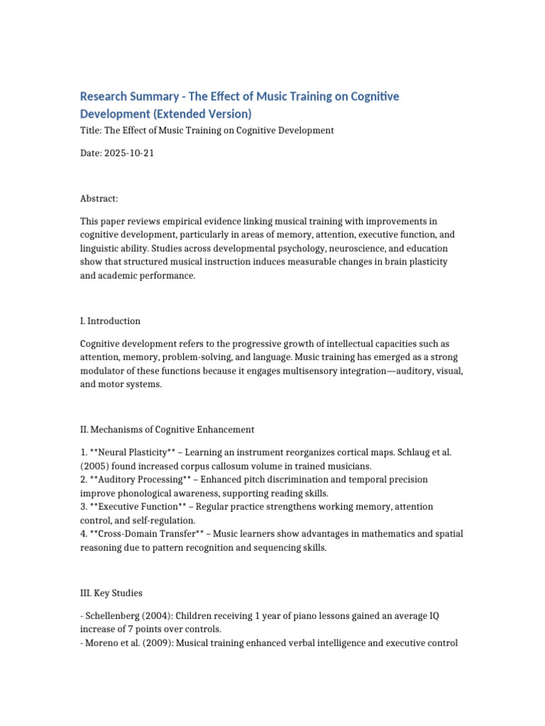 Research Summary - The Effect of Music Training On Cognitive ...
