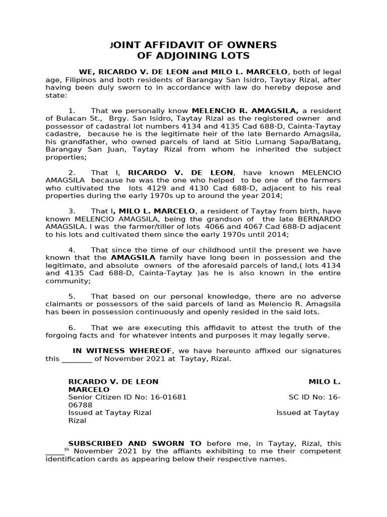 Amagsila Affidavit of Owners of Adjoining Lots Amagsila | PDF ...