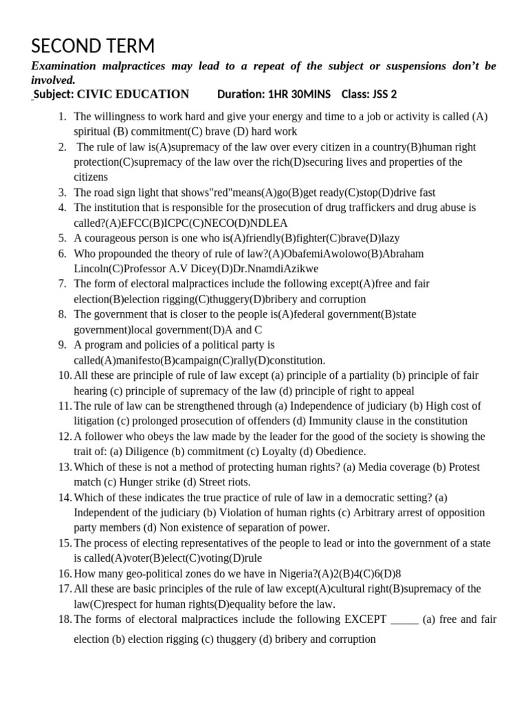 Jss 2 Second Term Civic Examination | PDF | Rule Of Law | Elections