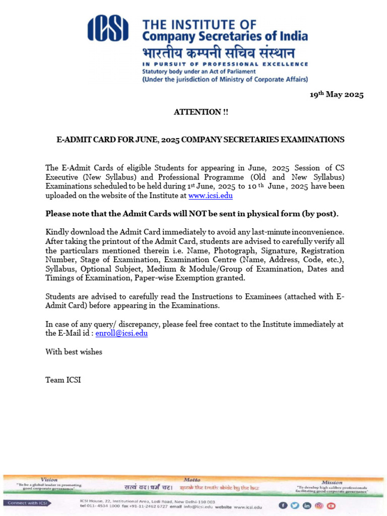 Announcement For Admit Card JUne 2025 19052025 | PDF