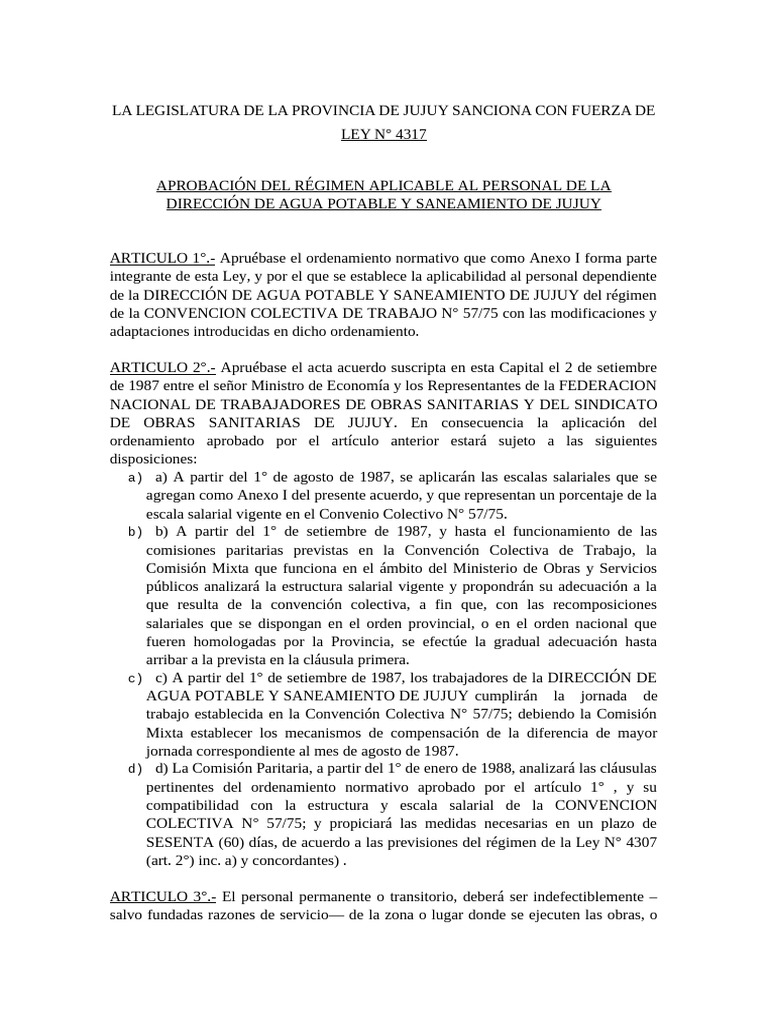 Ley 4317 de Convenio Colectivo (1) | PDF | Agua | Acuerdo colectivo
