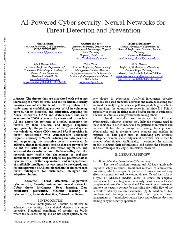 AI-Powered Cyber Security Neural Networks For Threat Detection and Prevention | PDF | Artificial ...