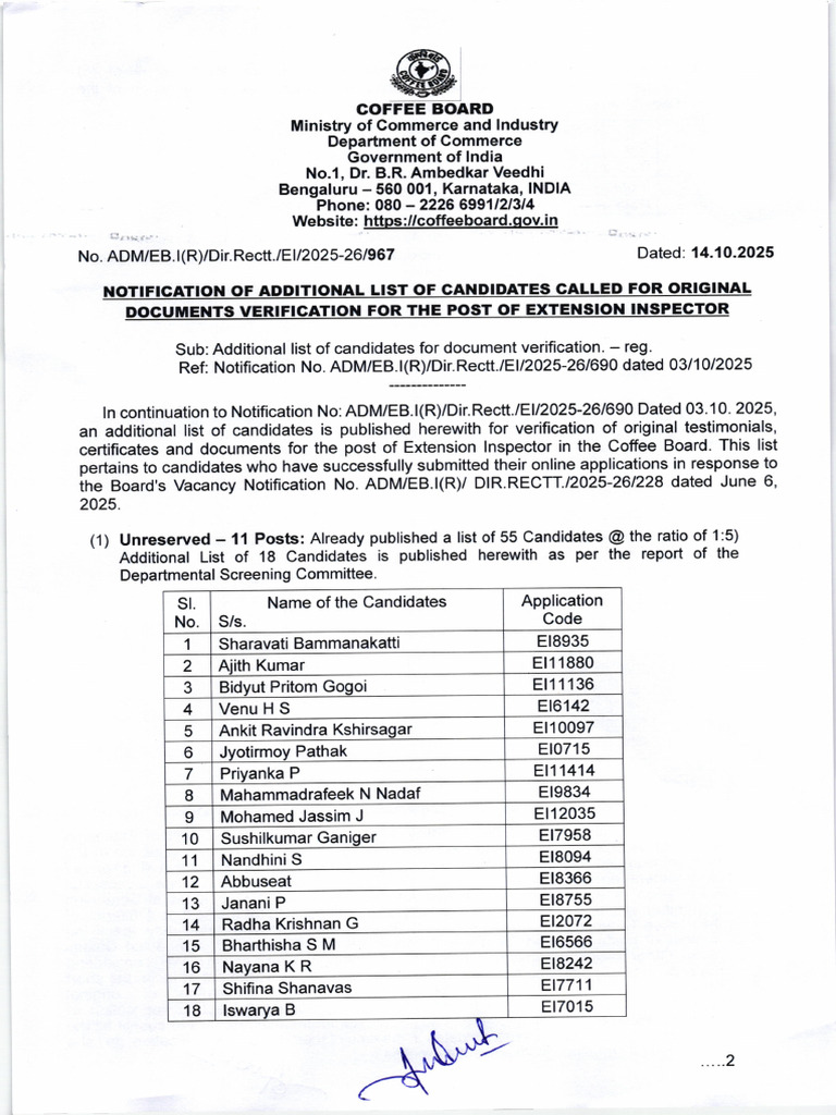 Additional List of Candidates For Document Verification - EI | PDF ...