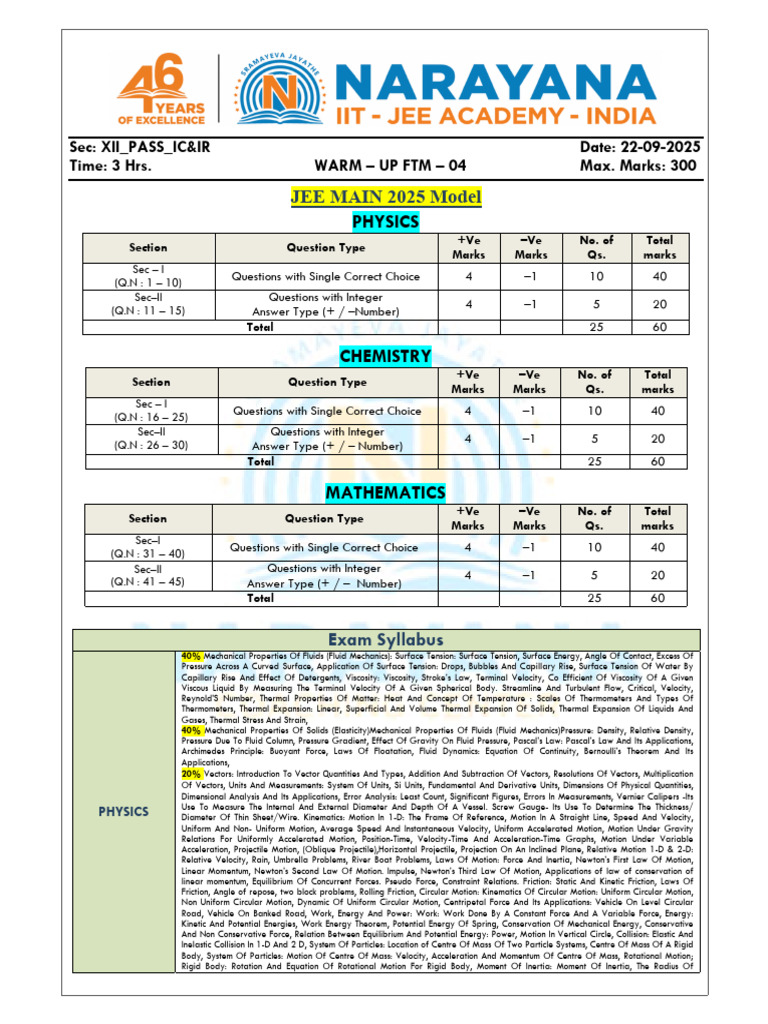 FTM-04 - Xii-Pass-Iit & Ir - Warm-Up - QP - 22-09-2025 | PDF | Chemical Bond | Trigonometric ...