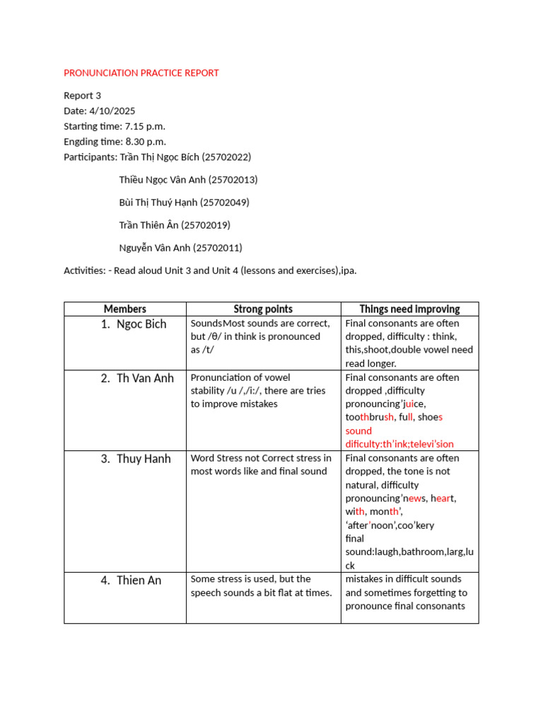 Pronunciation Practice Report | PDF | Consonant | Oral Communication