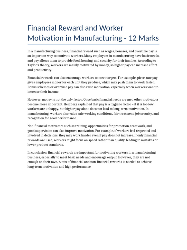 Financial Reward Motivation Manufacturing | PDF