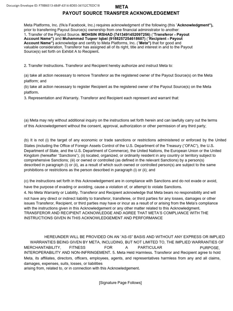 Meta Payout Source Transfer Acknowledgment | PDF | Office Of Foreign ...
