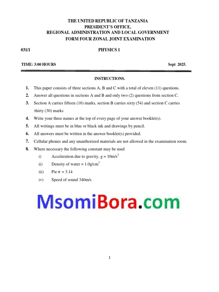 Tanzania Form Four Physics Exam 2025 | PDF | Buoyancy | Harmonic