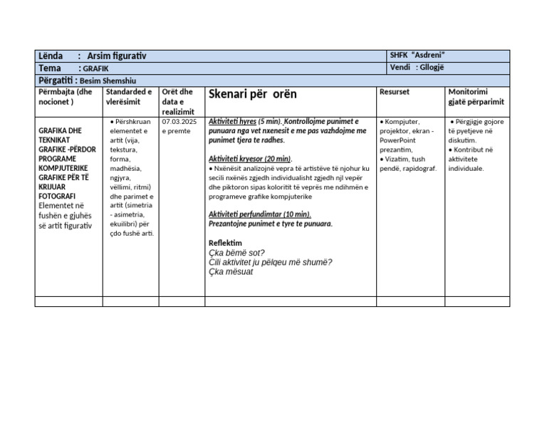 Plafikim Ditorë Arsim Figurativ - KL VI | PDF
