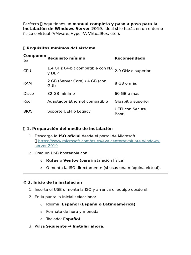 Manual Completo y Paso A Paso para La Instalación de Windows Server 2019 | PDF | V Mware ...