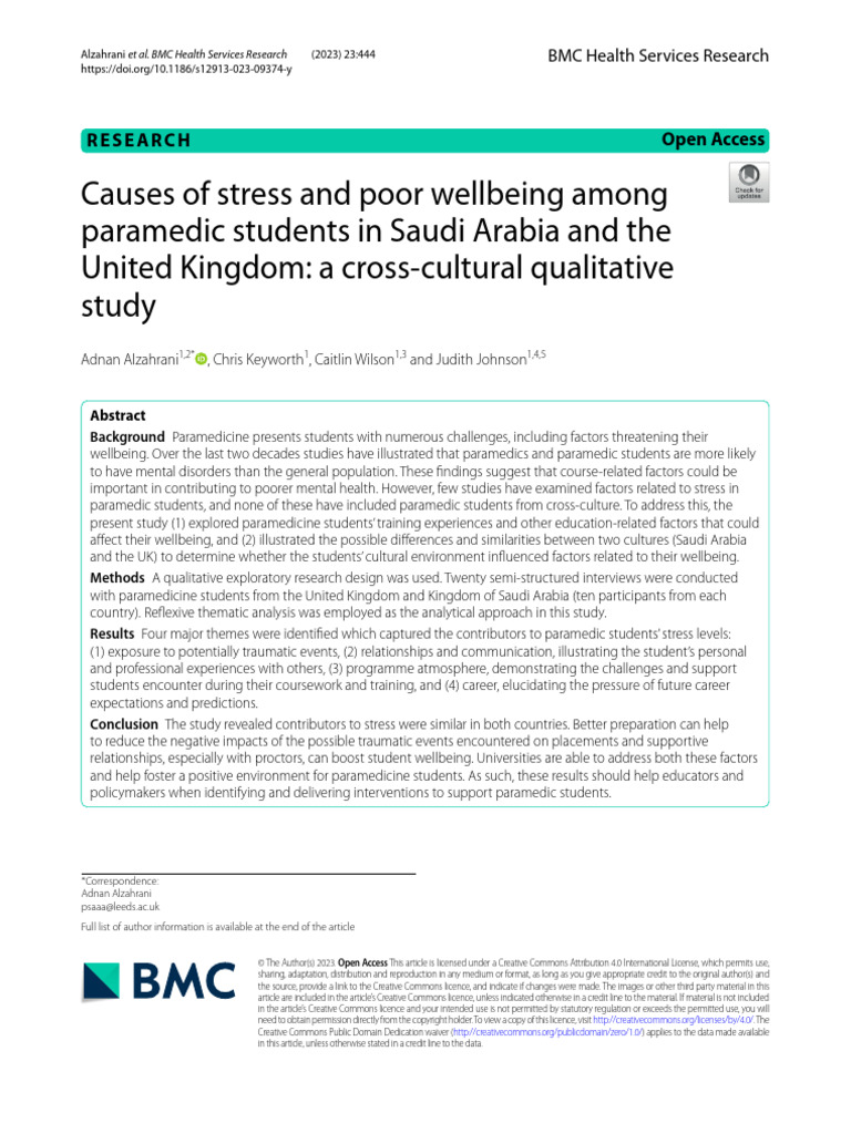 Causes of Stress and Poor Wellbeing Among Paramedic Students in Saudi ...