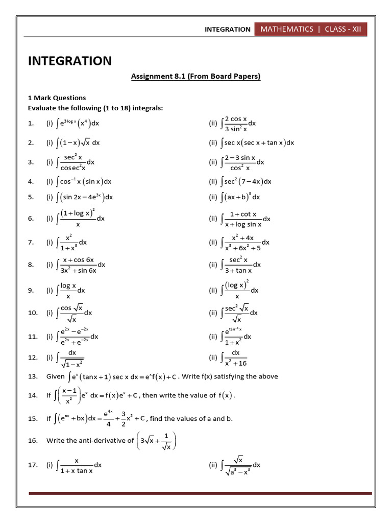 Class 12 Maths Integration Chapter Questions | PDF | Chess | Chess Theory