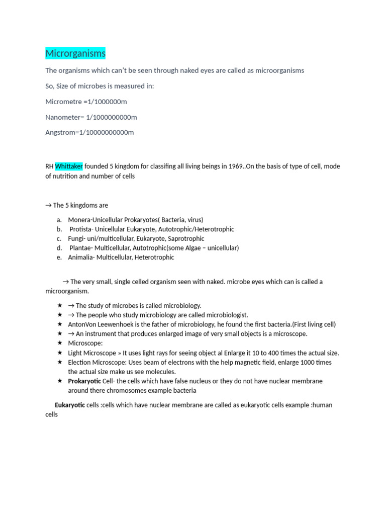 Microorganisms Grade-8 Notes | PDF | Bacteria | Protozoa