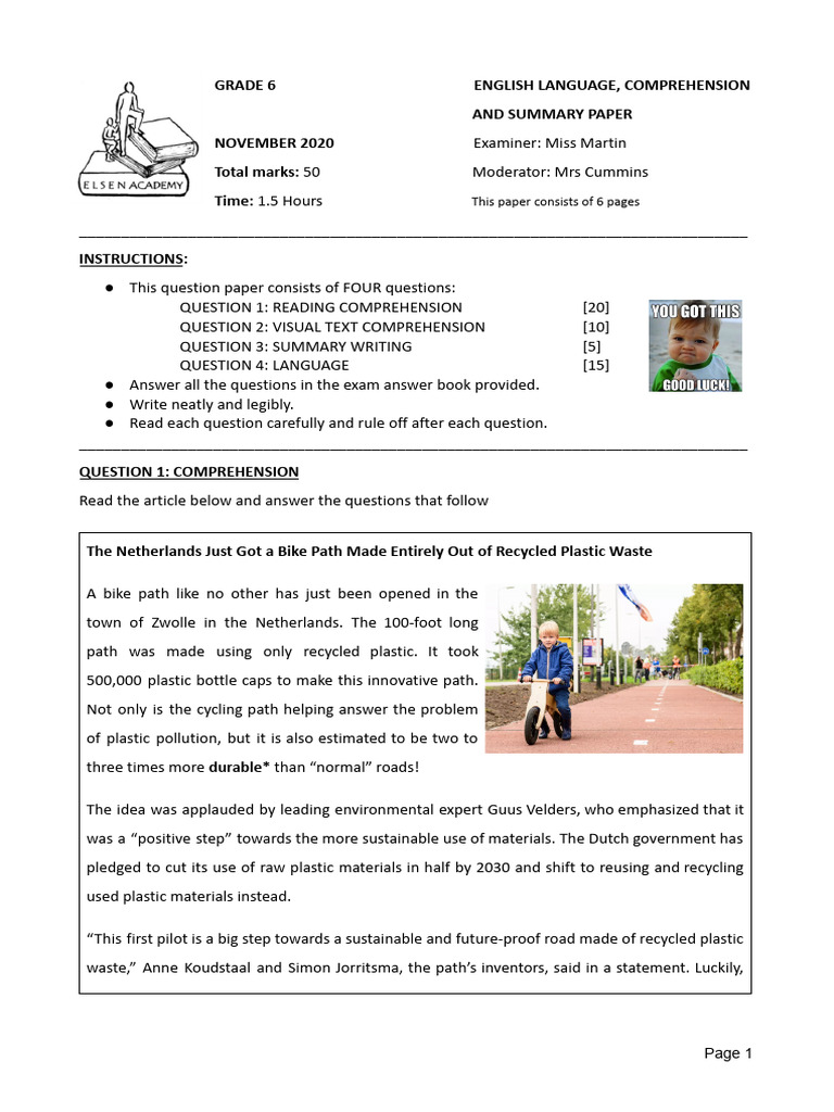 2020 NOV Grade 6 English Comprehension, Language & Summary Exam Nov ...