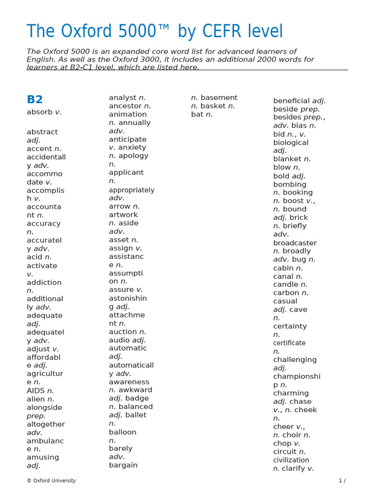 Oxford 5000 Vocabulary by CEFR Level | PDF