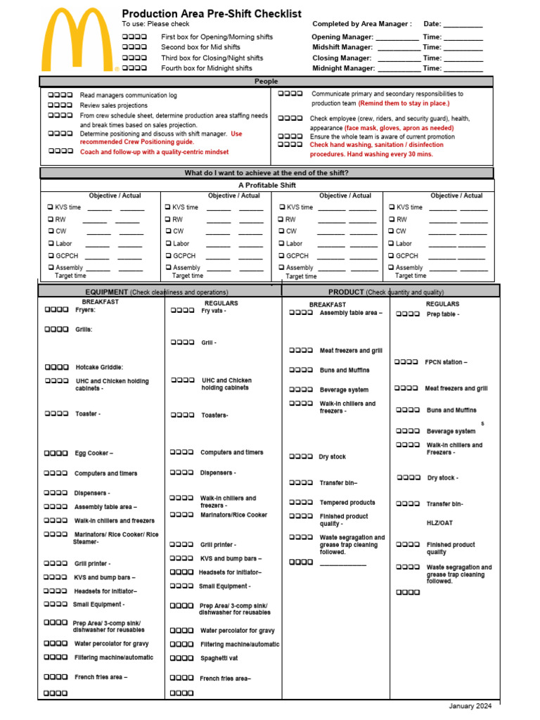 Production Area Pre-Shift Checklist January 2024 | PDF