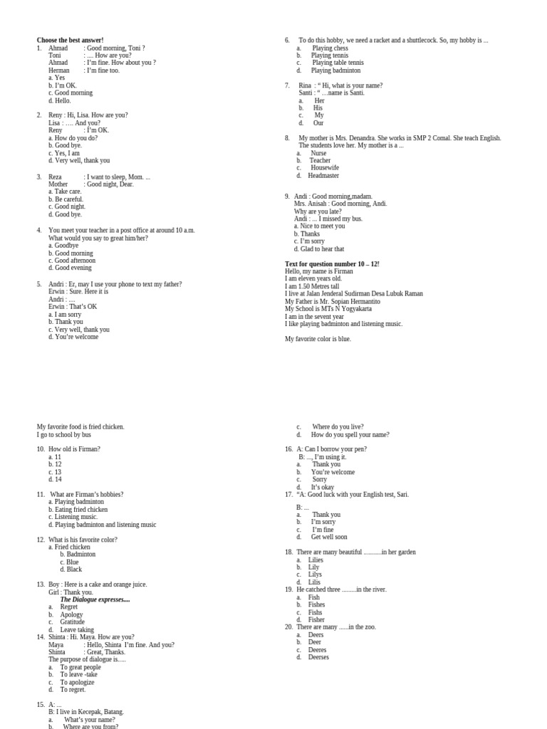 SOAL PTS BAHASA INGGRIS KELAS 7 Semester Ganjil | PDF | Chess | Chess Theory