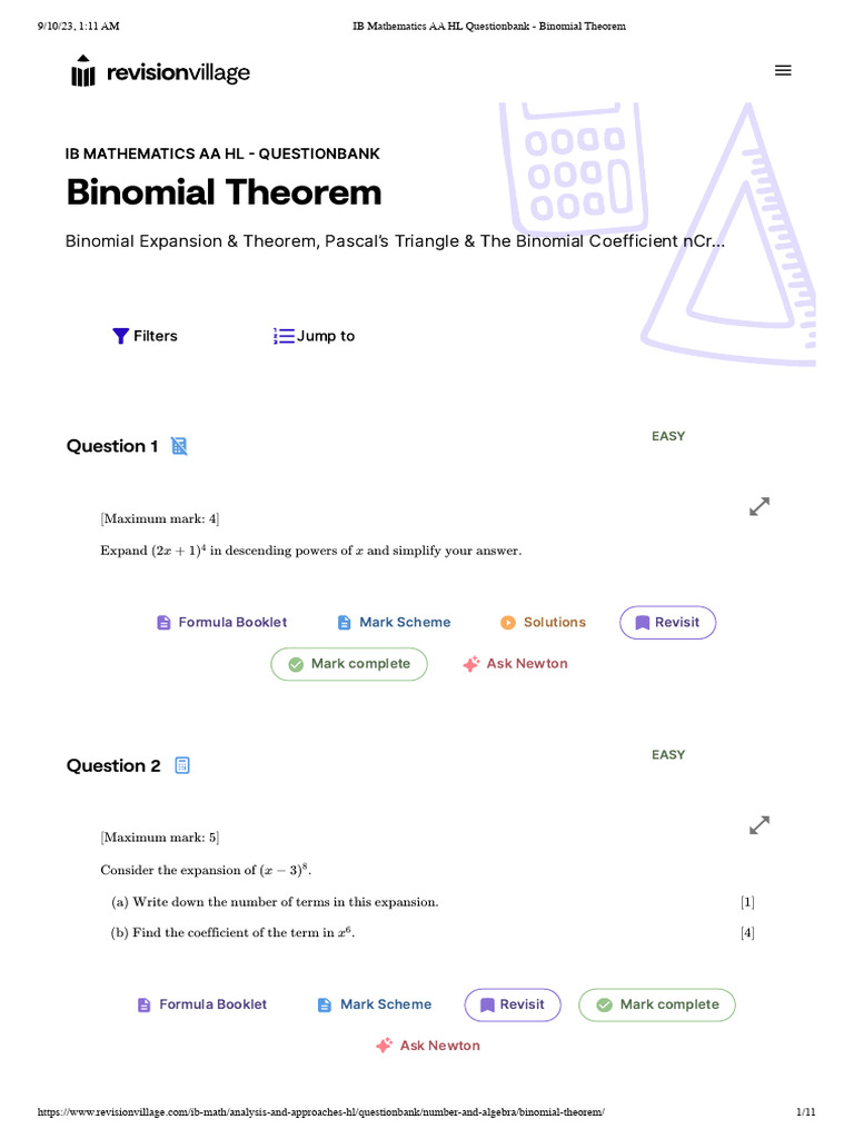 IB Mathematics AA HL Questionbank - Binomial Theorem | PDF | Numbers ...