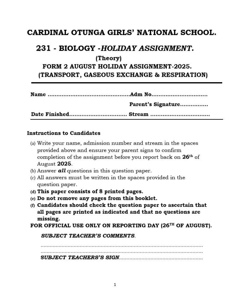 Form 2 Biology Holiday Assignment August 2025 | PDF | Lymph ...