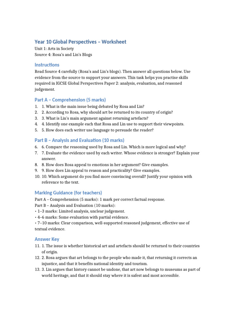 Year 10 Global Perspectives: Art Debate | PDF | Reason | Argument