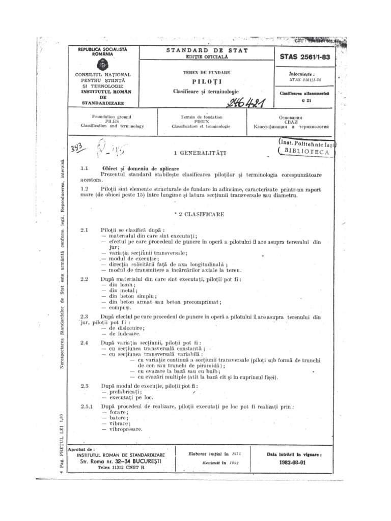 STAS 2561-1-83 Piloti Clasificare Terminologie | PDF