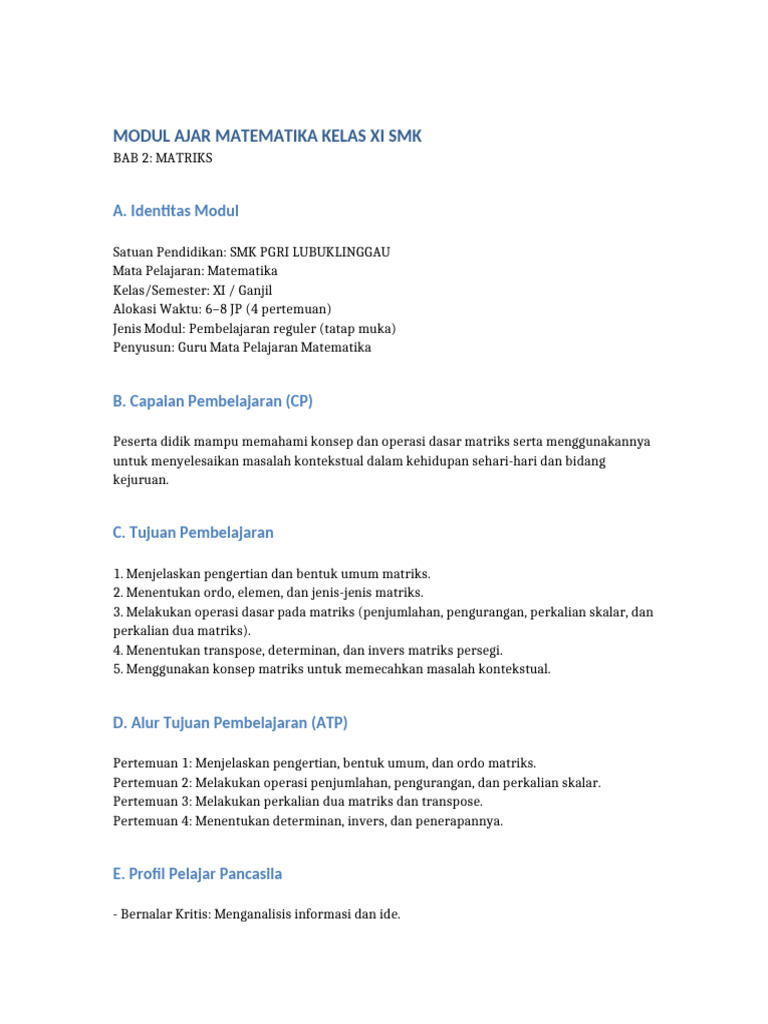 Modul Ajar Matriks Kelas XI SMK | PDF
