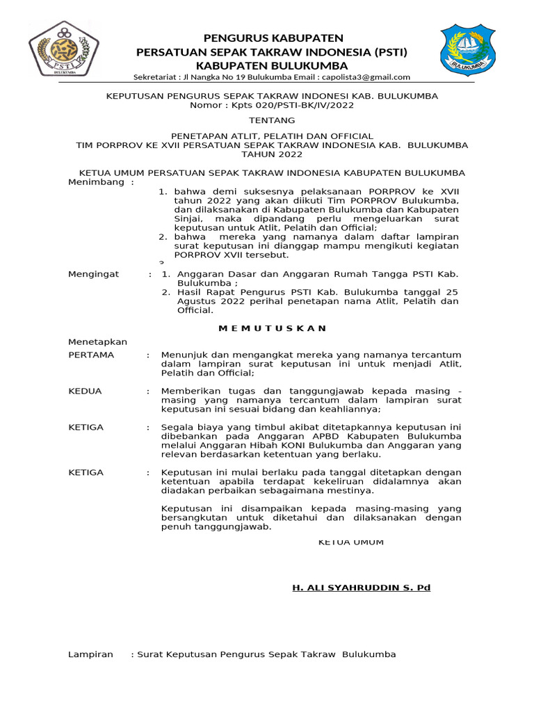 Format SK Atlit, Pelatih Dan Official | PDF