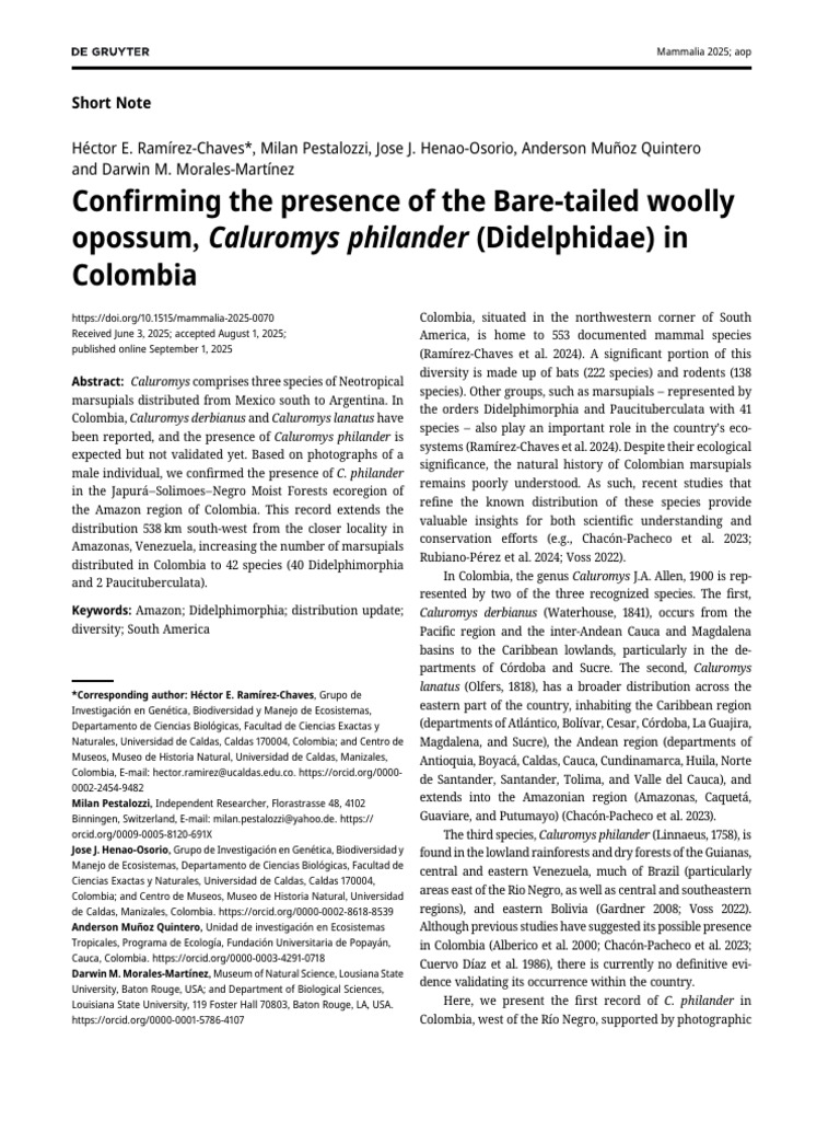 First Record of Caluromys philander in Colombia | PDF | Colombia ...