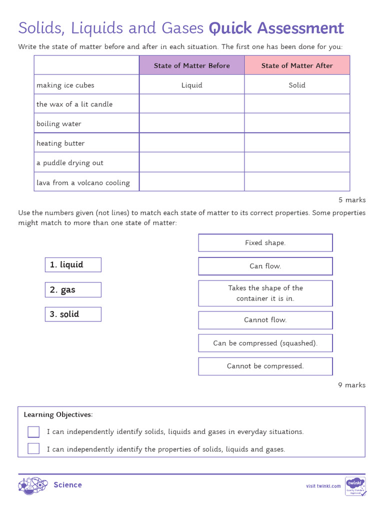 t3 SC 925 Ks3 Quick Assessment Solids Liquids and Gases Activity Sheet ...