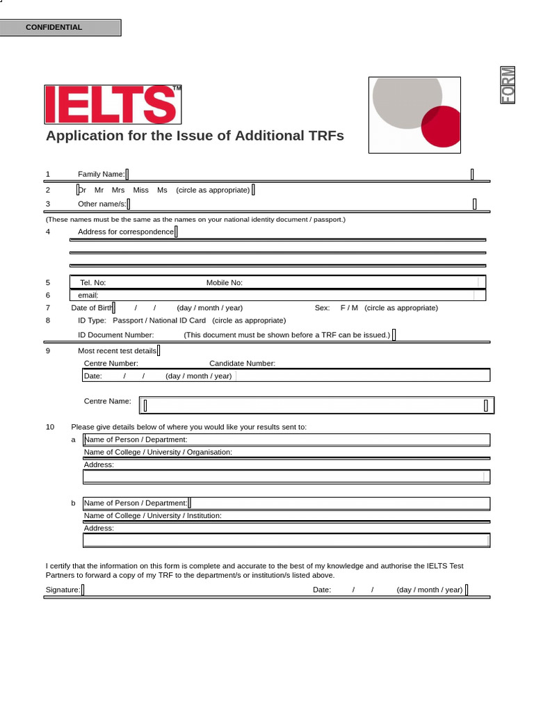 IELTS Additional TRF Application Form | PDF