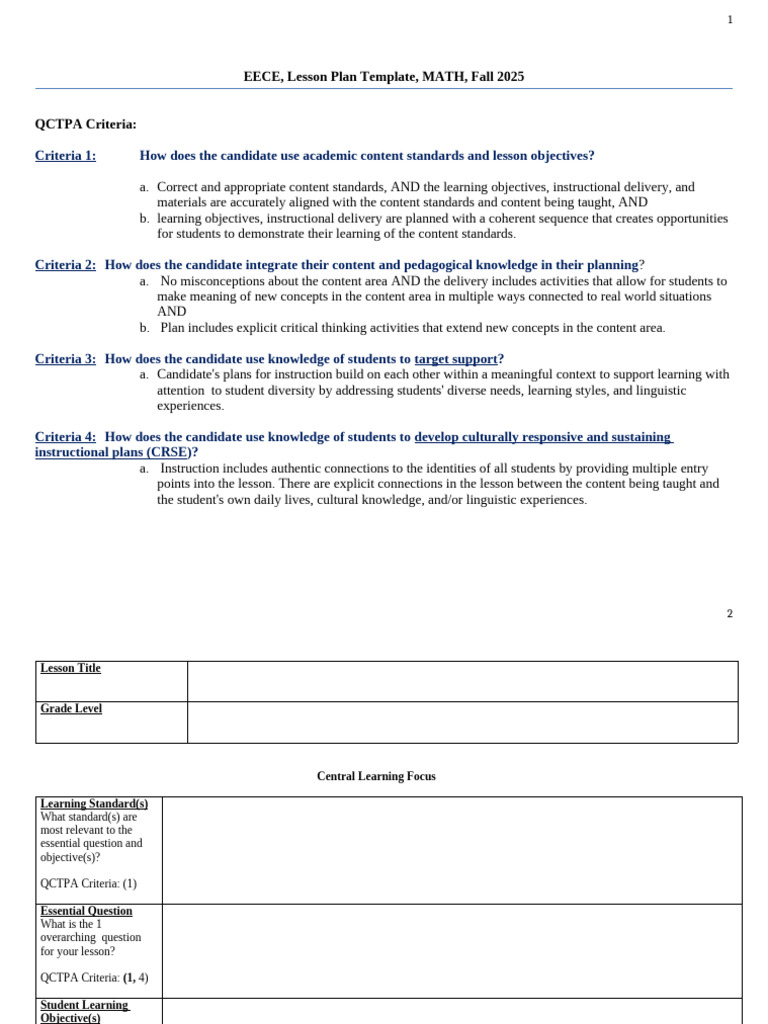 MATH LESSON PLAN FALL | PDF | Lesson Plan | Learning