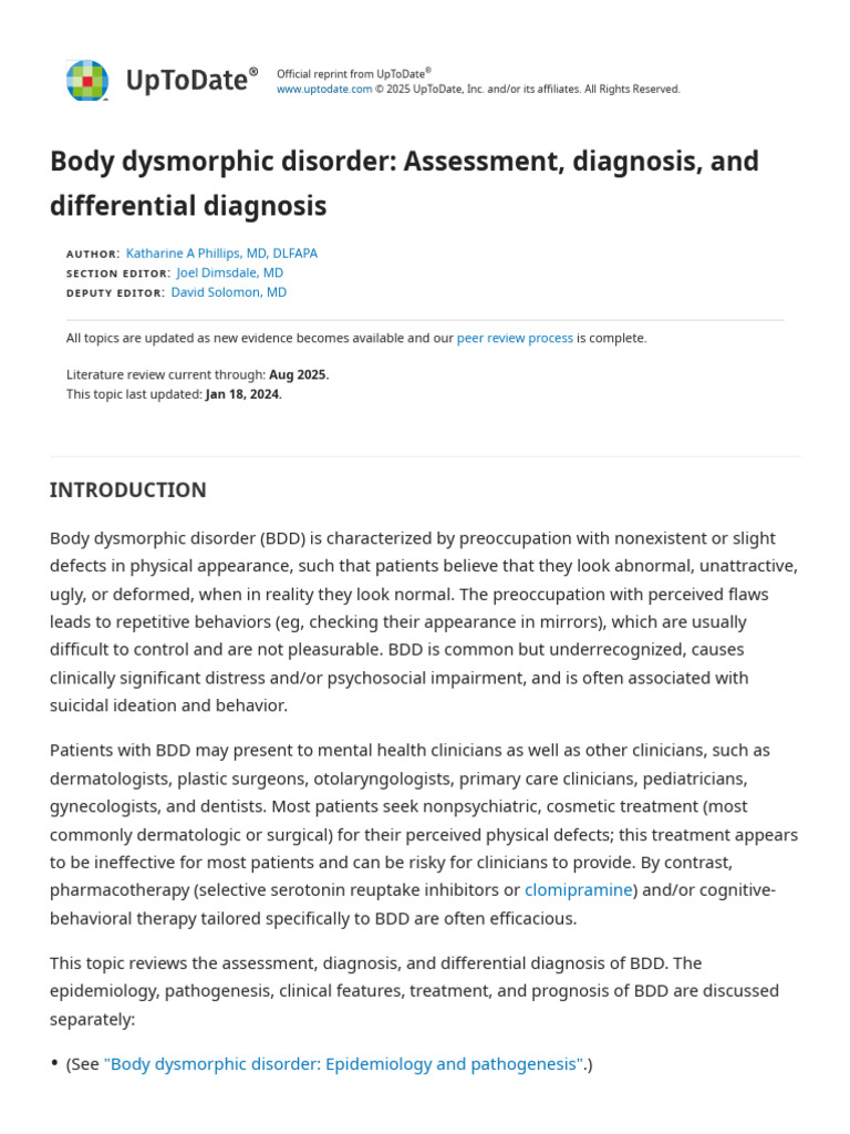Body Dysmorphic Disorder - Assessment, Diagnosis, and Differential ...