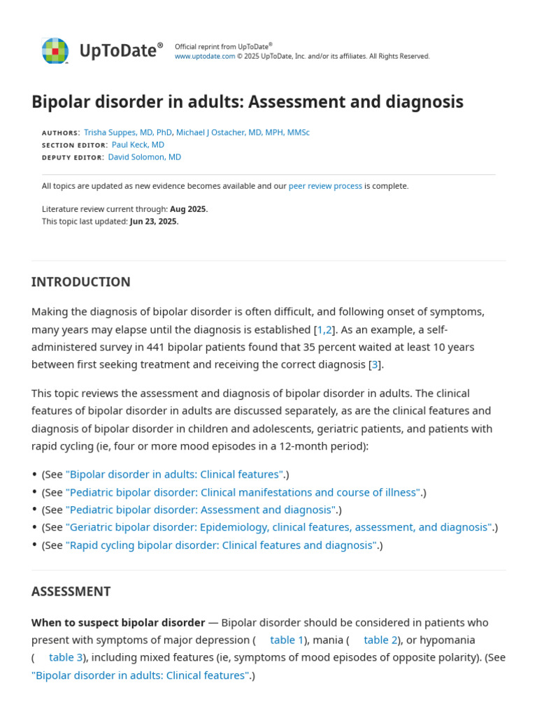 Bipolar Disorder in Adults - Assessment and Diagnosis - UpToDate | PDF ...