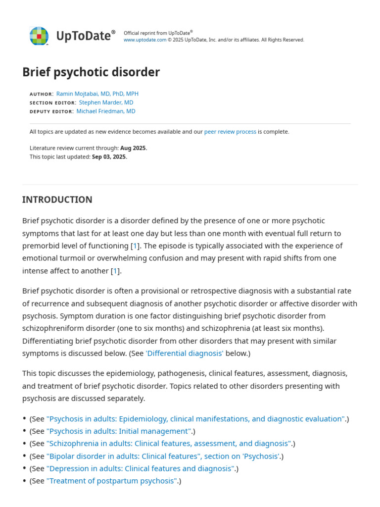 Brief Psychotic Disorder - UpToDate | PDF | Psychosis | Mental Disorder