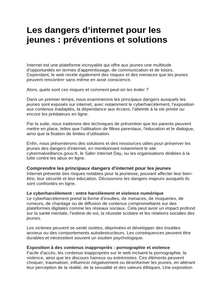 Dangers d'Internet pour les jeunes : Guide de prévention | PDF ...