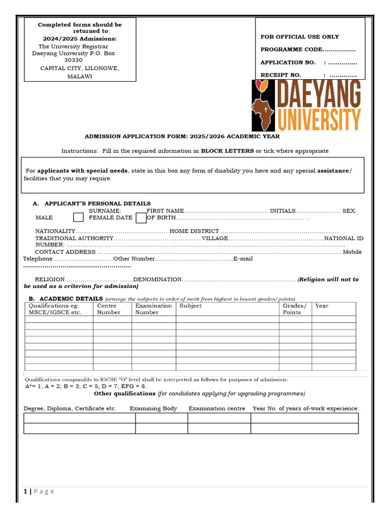 Daeyang University Application Form 2025 - 2026 Academic Year - 0107 ...