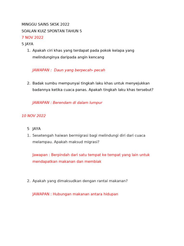 Kuiz Spontan THN 5 | PDF
