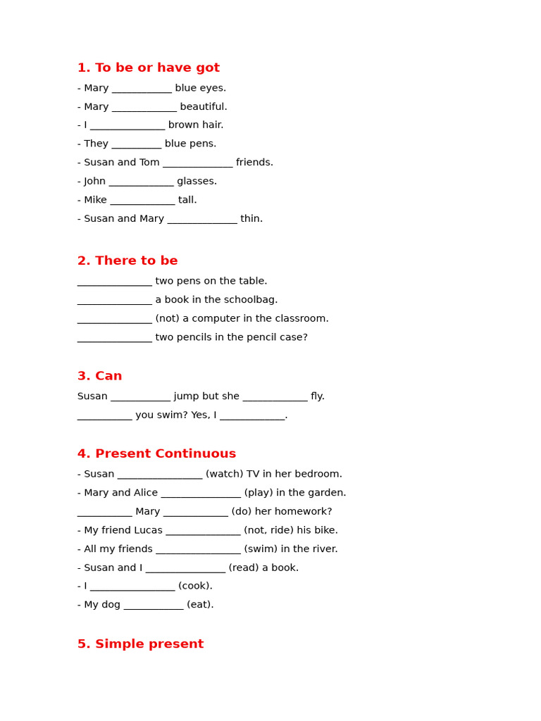 REVISIONS - To Be, Have Got, There Tobe, Can. Simple Present, Present ...