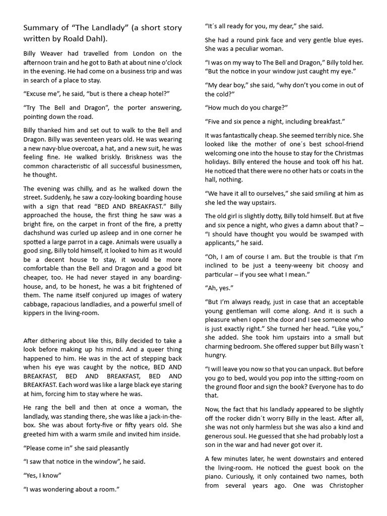 Summary The Landlady | PDF