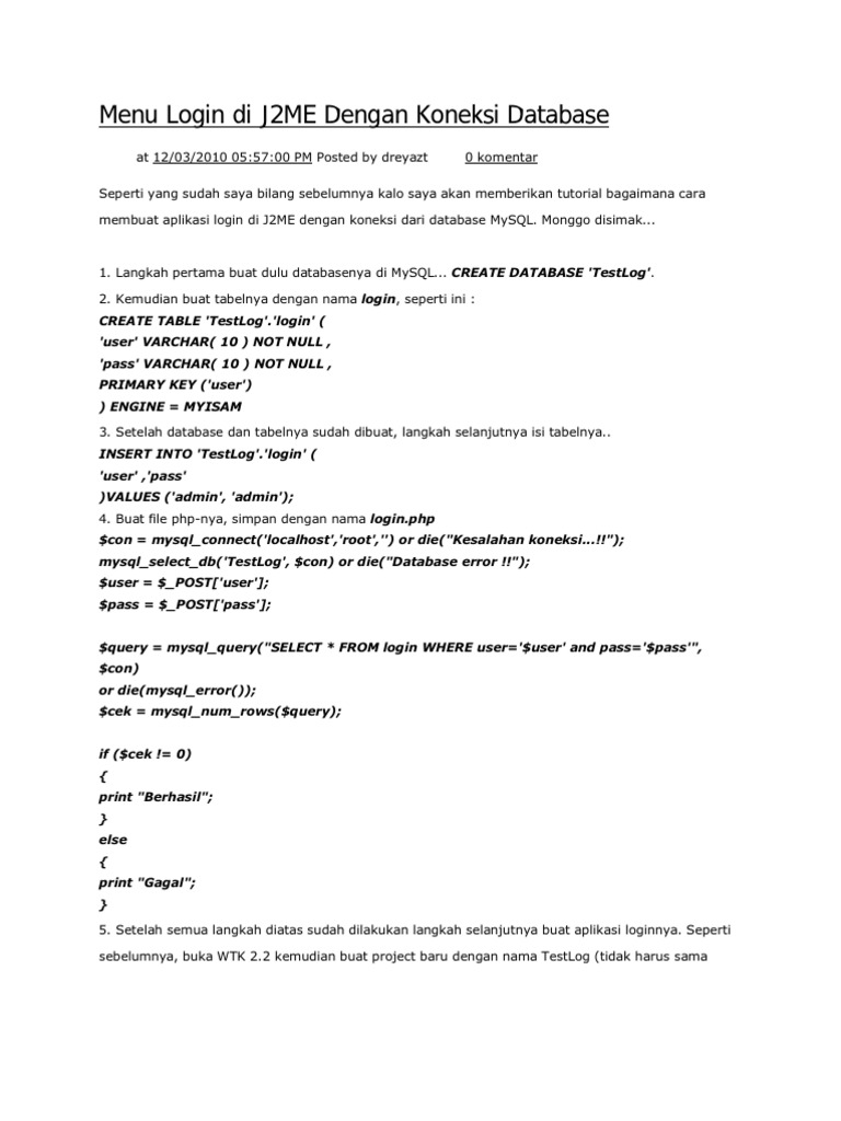 Menu Login Di J2ME Dengan Koneksi Database | PDF
