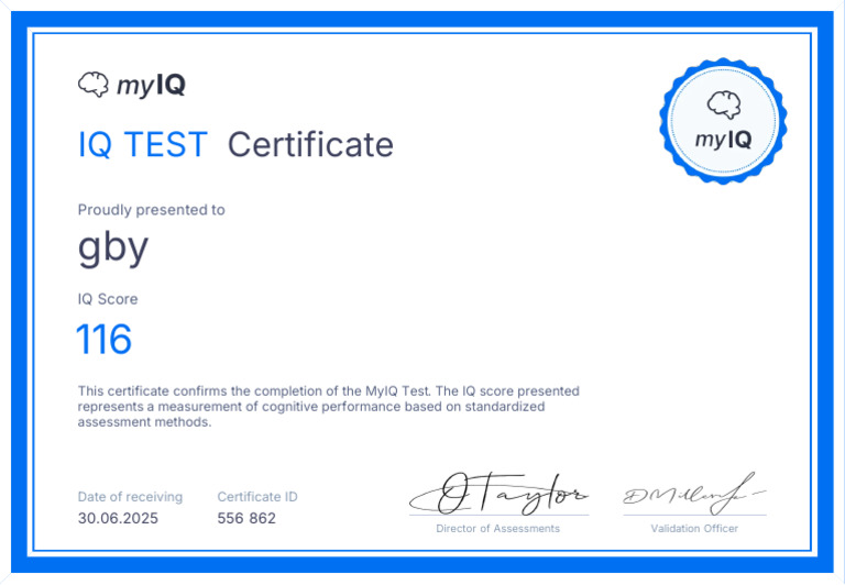 MyIQ Test Completion Certificate | PDF