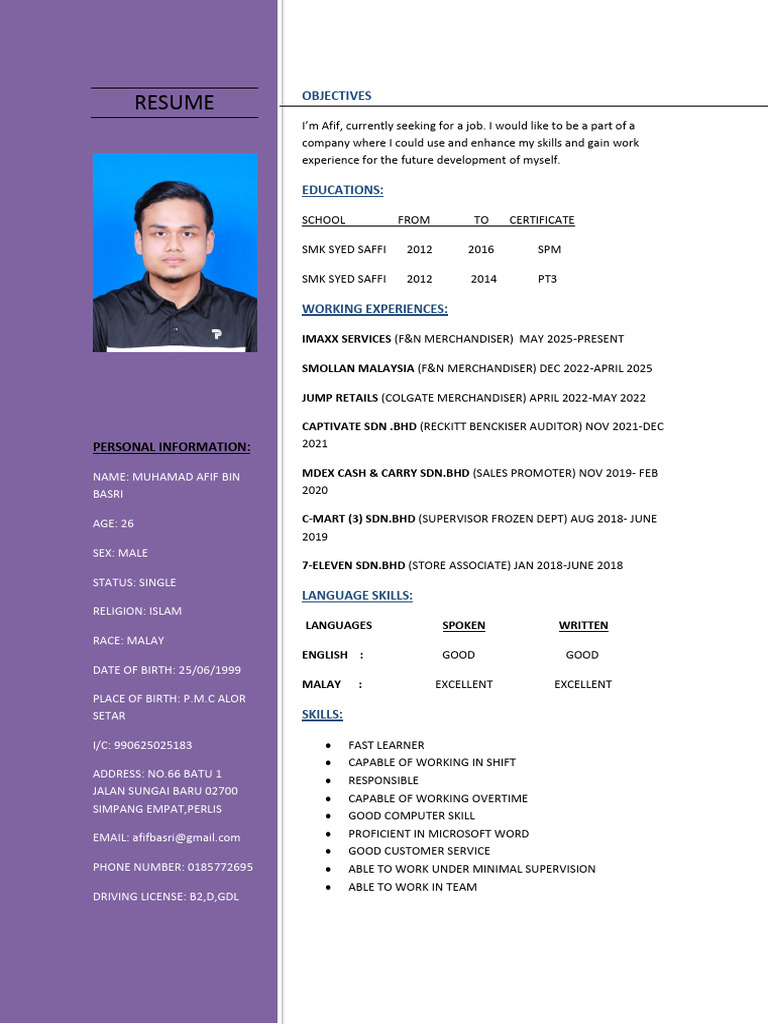 Resume of Muhamad Afif Bin Basri | PDF
