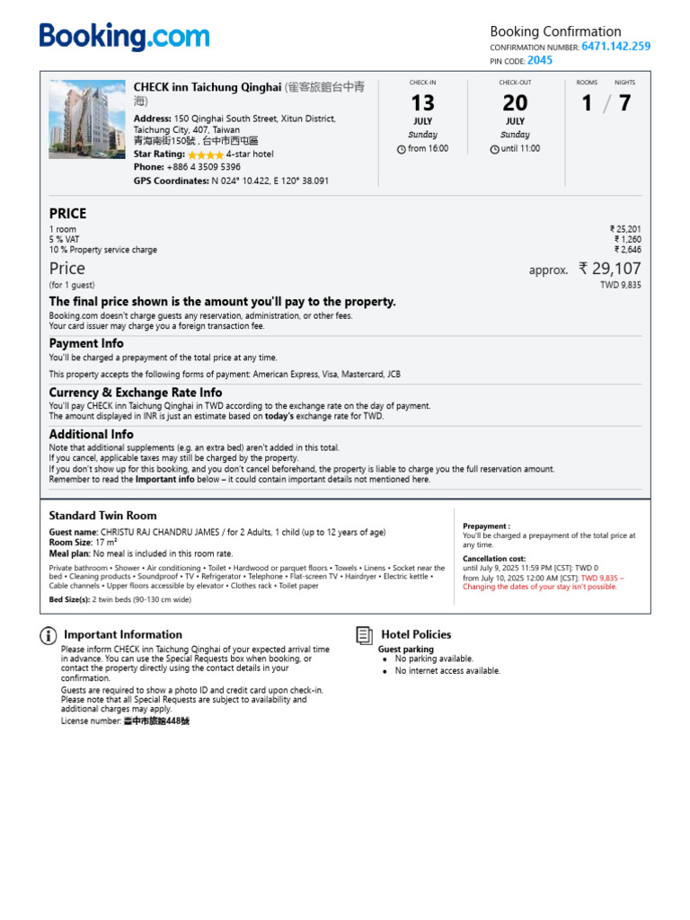 Hotel Booking Taiwan Chandru | PDF | Payments | Fee