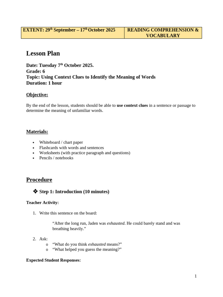 EXTENT 2 GR 6 Reading Comprehension & Vocabulary Lesson Plan | PDF ...