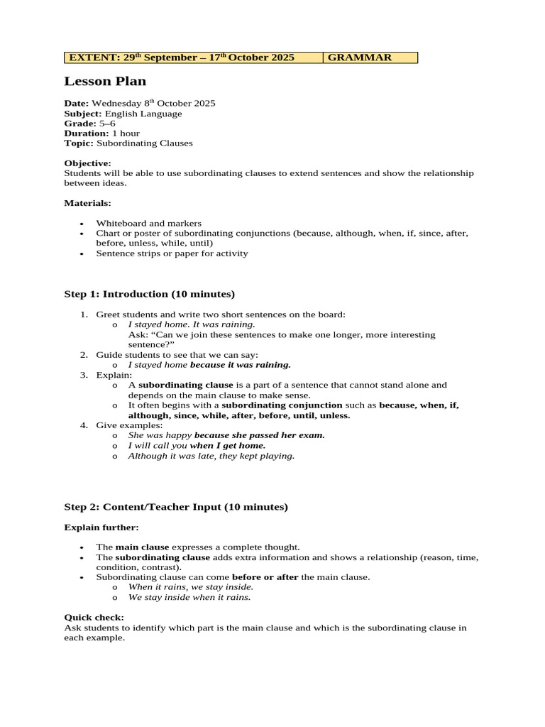 Extent 2 Grammar Lesson Plan GR 5&6 | PDF | Clause | Sentence (Linguistics)